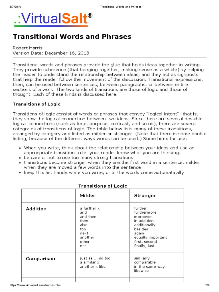 Transitional Words and Phrases | PDF | Word | Subject (Grammar)