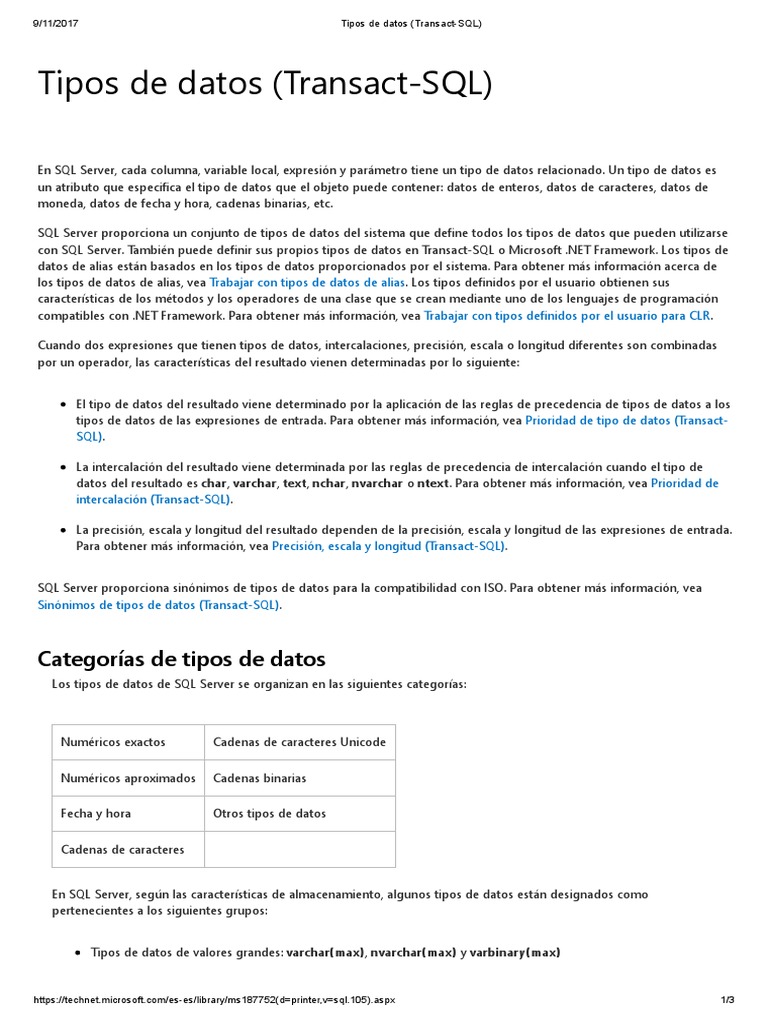 Tipos de Datos (Transact-SQL) | PDF | Tipo de datos | Servidor SQL de Microsoft