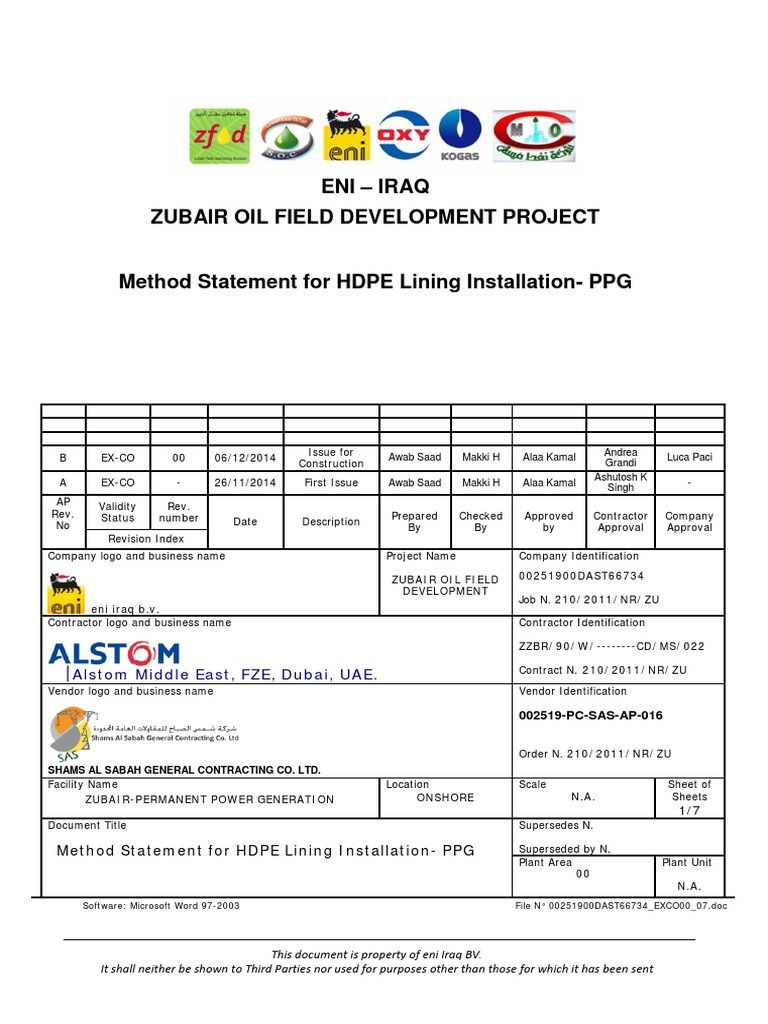 HDPE Lining Installation Method Statement | PDF | Extrusion | Welding