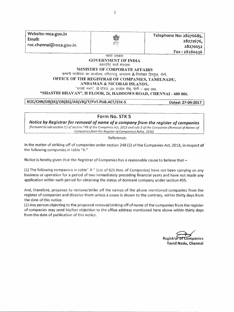 Notice by Registrar For Removal of Name of A Company From The Register ...