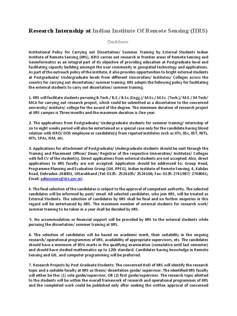 Research Internship at Indian Institute of Remote Sensing | PDF ...