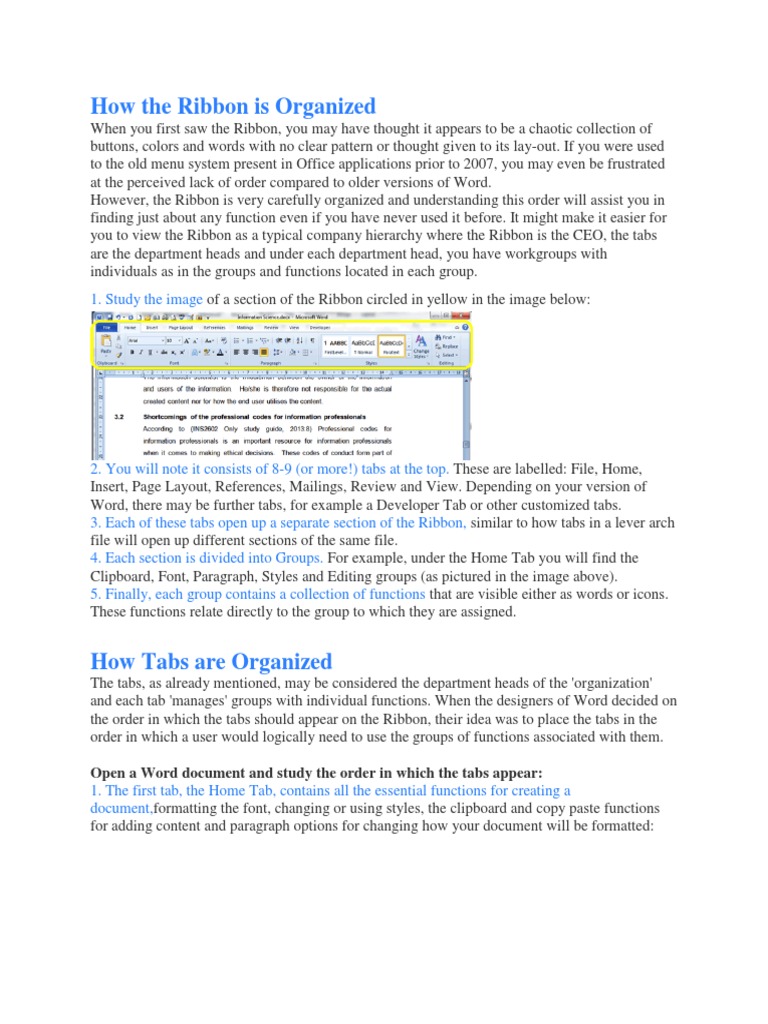 How The Ribbon Is Organized: Open A Word Document and Study The Order ...