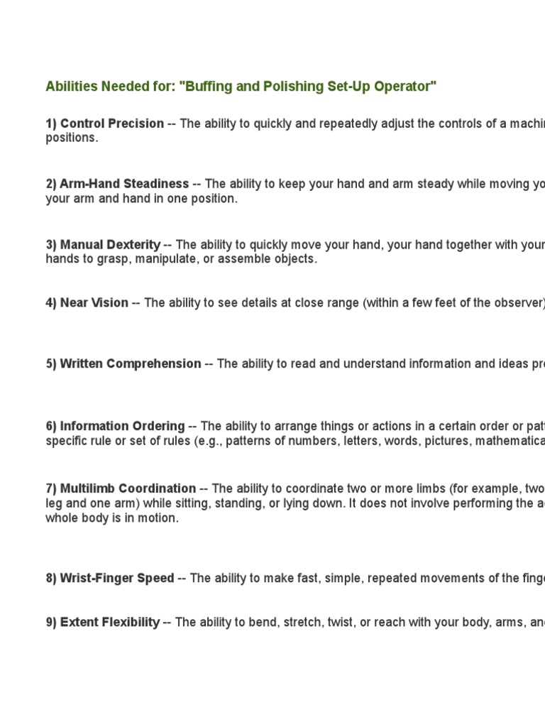 Abilities Needed For: "Buffing and Polishing Set-Up Operator" | PDF ...