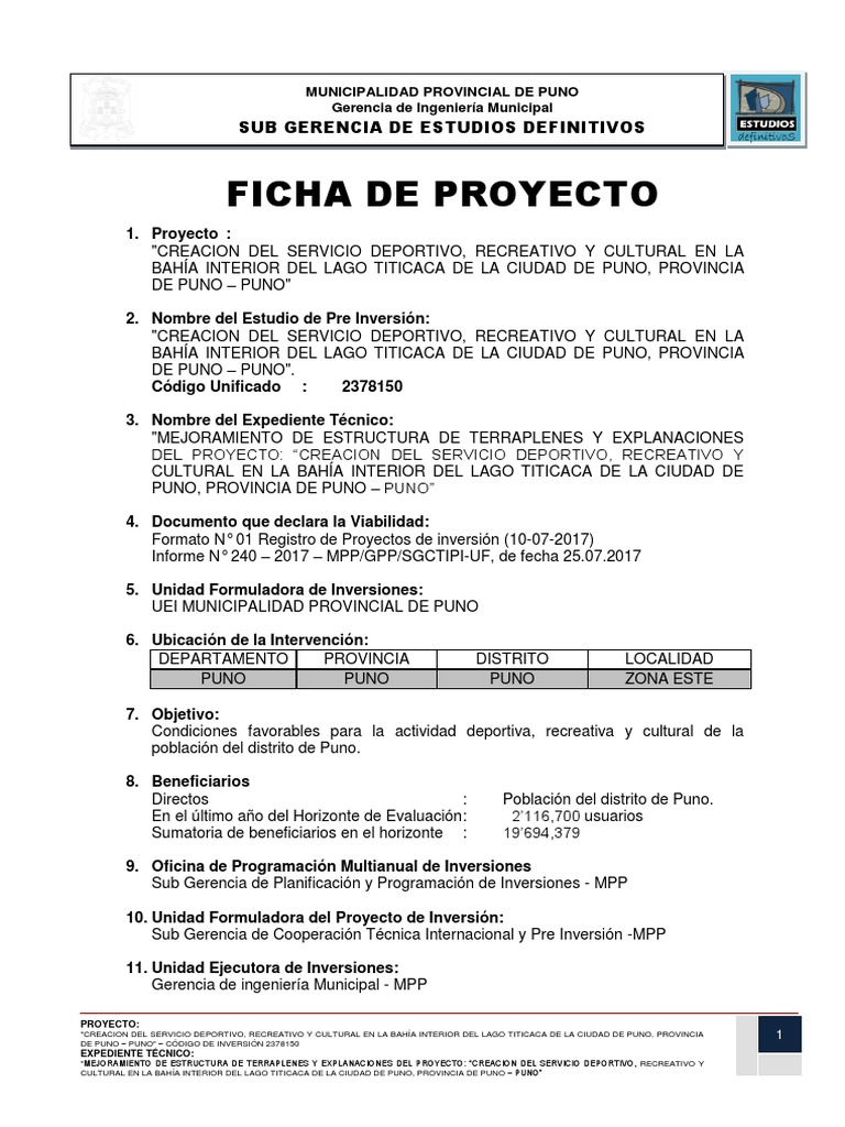 Ficha De Proyecto: Sub Gerencia De Estudios Definitivos | Diseño | Paisaje