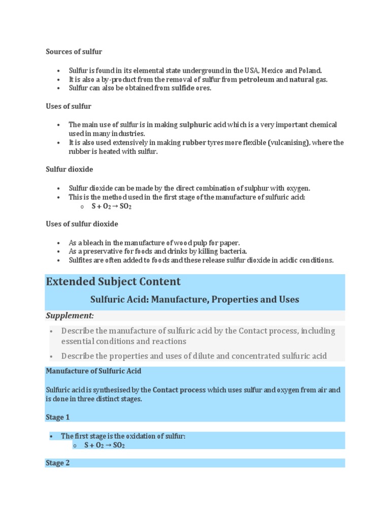 Cambridge IGCSE Chemistry Sulfer | PDF | Sulfuric Acid | Sulfur