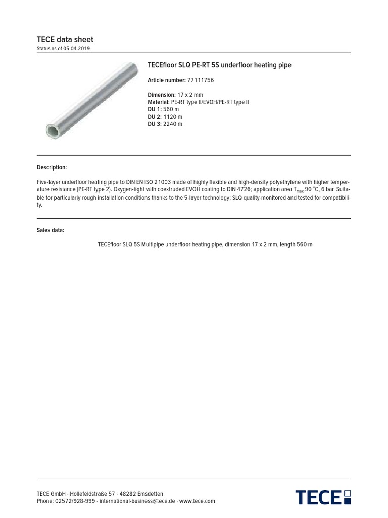 Tece Data Sheet: Tecefloor SLQ Pe-Rt 5S Underfloor Heating Pipe | PDF