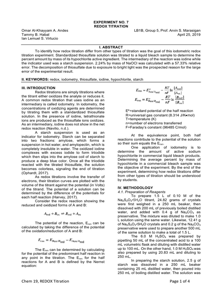 Determination of Hypochlorite Content in Bleach Through Iodometric ...