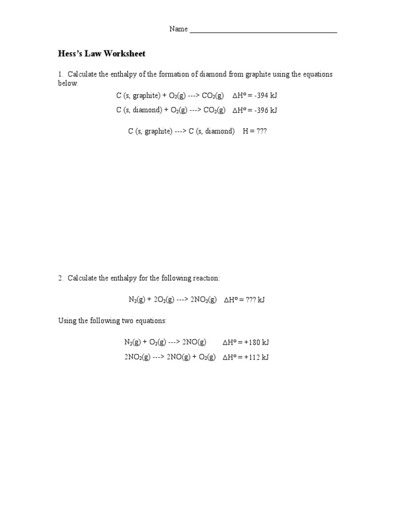 Hesss Law Worksheet | PDF | Properties Of Water | Carbon
