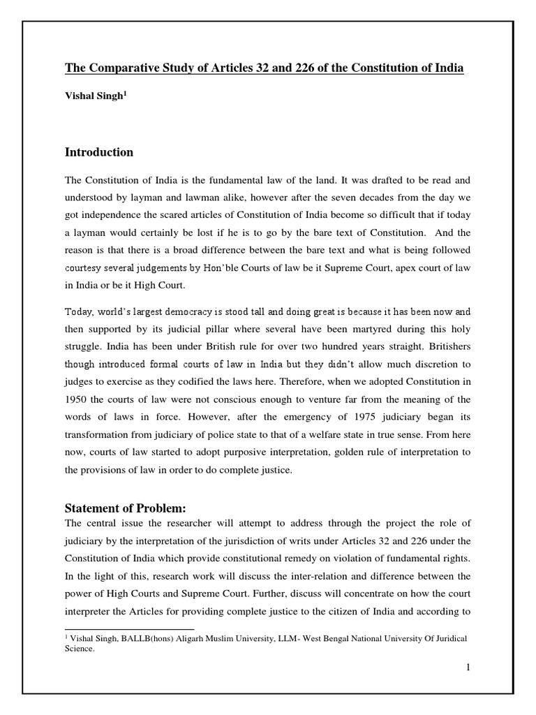 The Comparative Study of Articles 32 and 226 of The Constitution of India | PDF | Supreme Courts ...