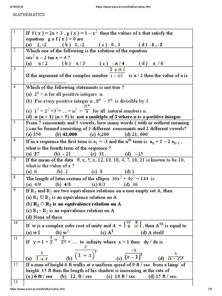 Pessat Model Paper | PDF | Pi | Equations