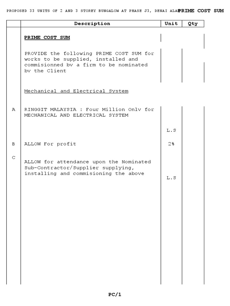 Prime Cost Sum Description Unit Qty Prime Cost Sum: Proposed 33 Units ...