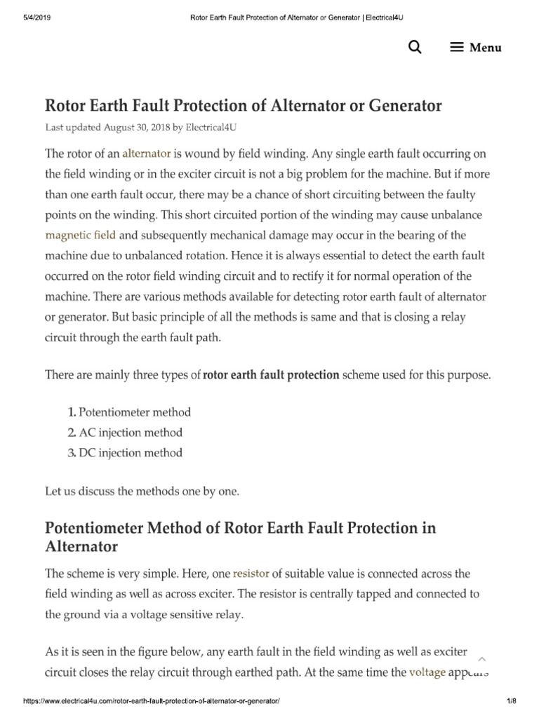 Rotor Earth Fault Protection of Alternator or Generator - Electrical4U ...