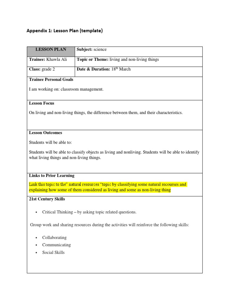 Appendix 1: Lesson Plan (Template) | Download Free PDF | Lesson Plan ...