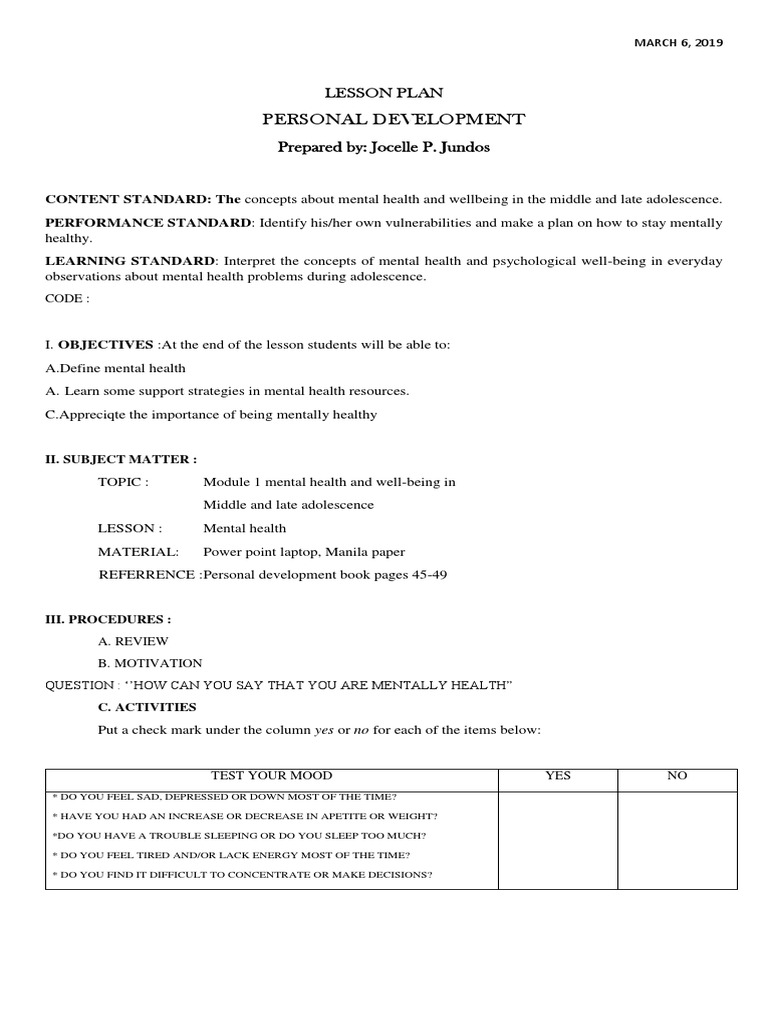 Lesson Plan Per Dev | PDF | Mental Health | Well Being