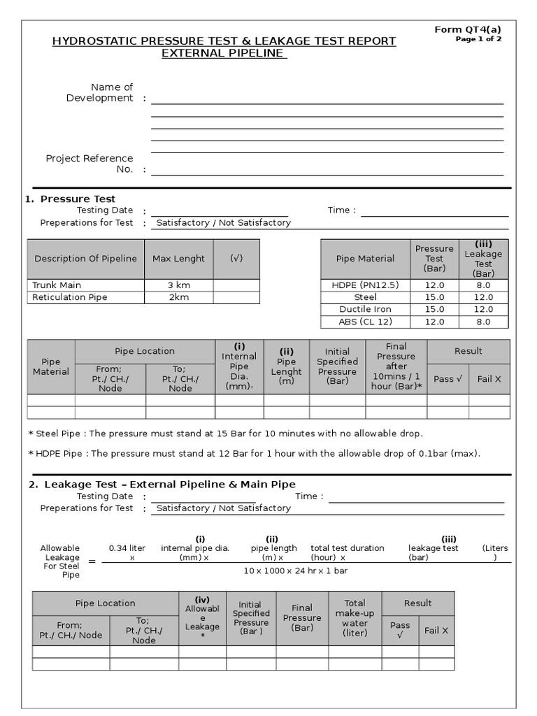 Form QT4(a) Hydrostatic Pressure Test | PDF | Pipe (Fluid Conveyance ...