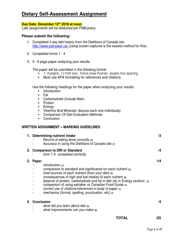 Dietary Self-Assessment Assignment Revised Fall 2018 1 | PDF | Nutrients | Vitamin