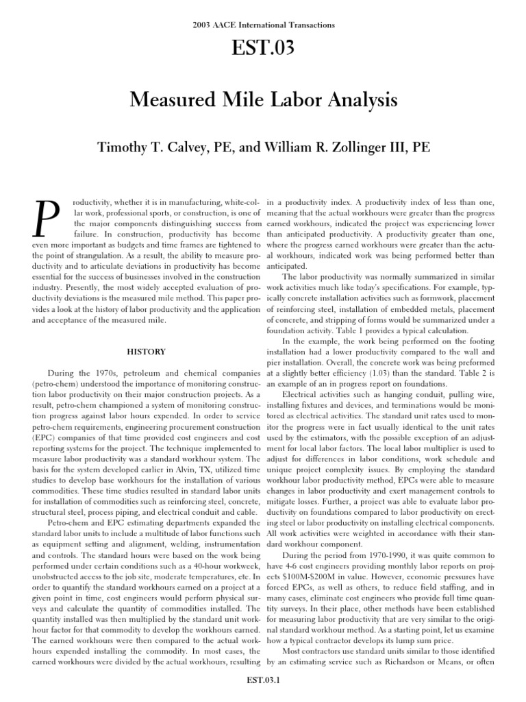 EST.03 Measured Mile Labor Analysis: Timothy T. Calvey, PE, and William ...
