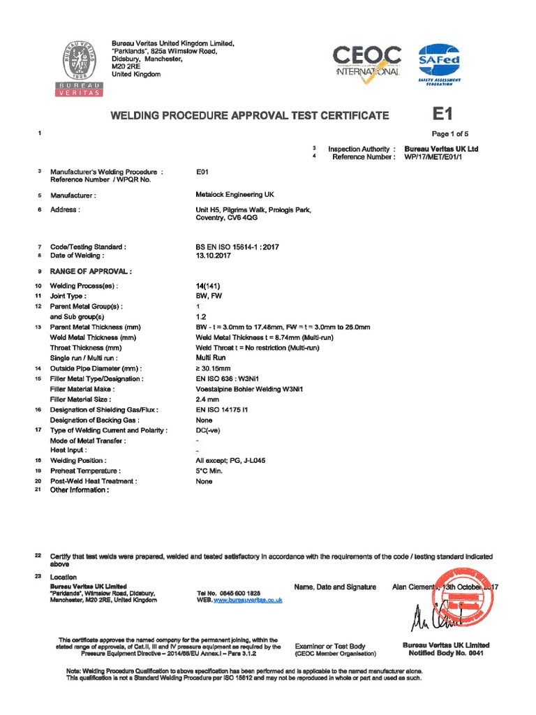 Bureau Veritas Wpatc Eo1 Bs en Iso 15614 1 2017 PDF | PDF