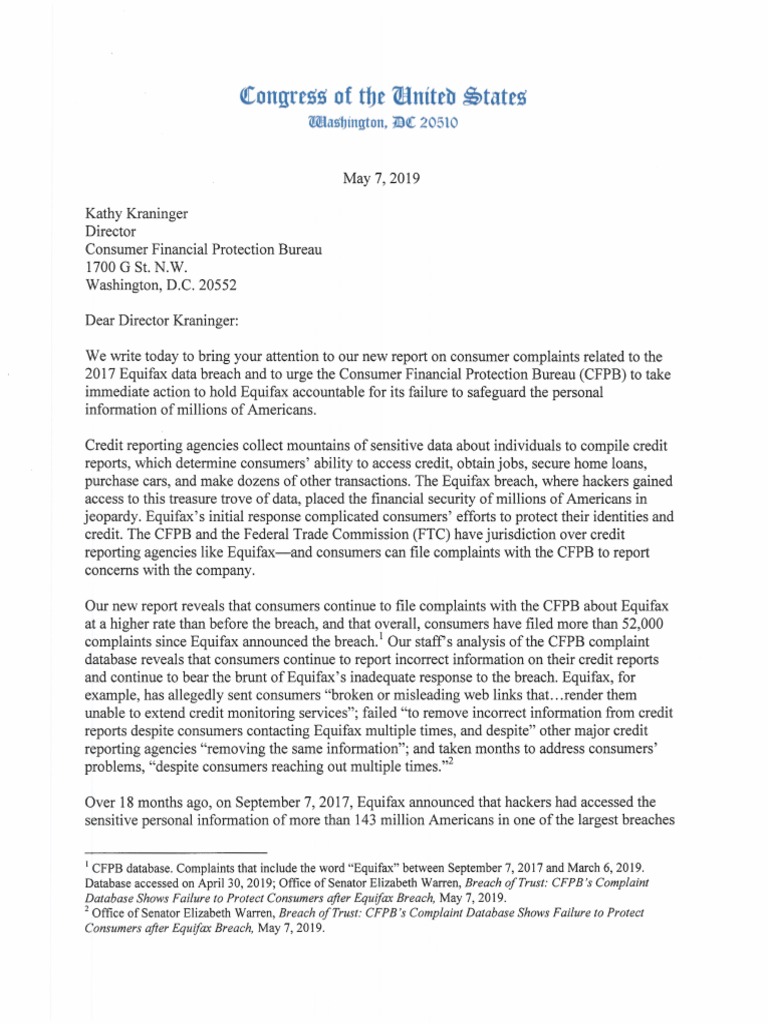 2019.05.07 Letter To CFPB On Equifax Report | Consumer Financial ...