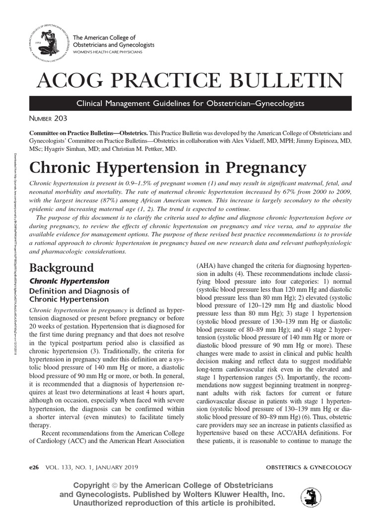 ACOG PRACTICE BULLETIN 203chronic Hypertension in Pregnancy2019 | PDF ...