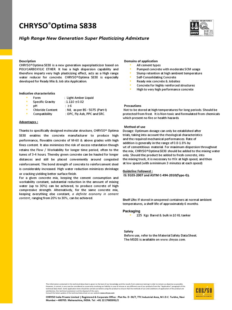 TDS Chryso Optima S838 | PDF | Concrete | Materials