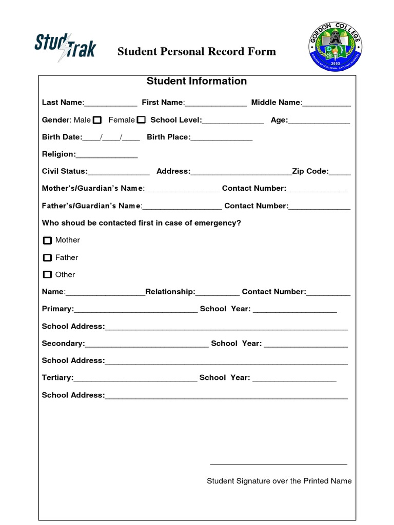 Student Personal Record Form Template | PDF | Social Science | Wellness