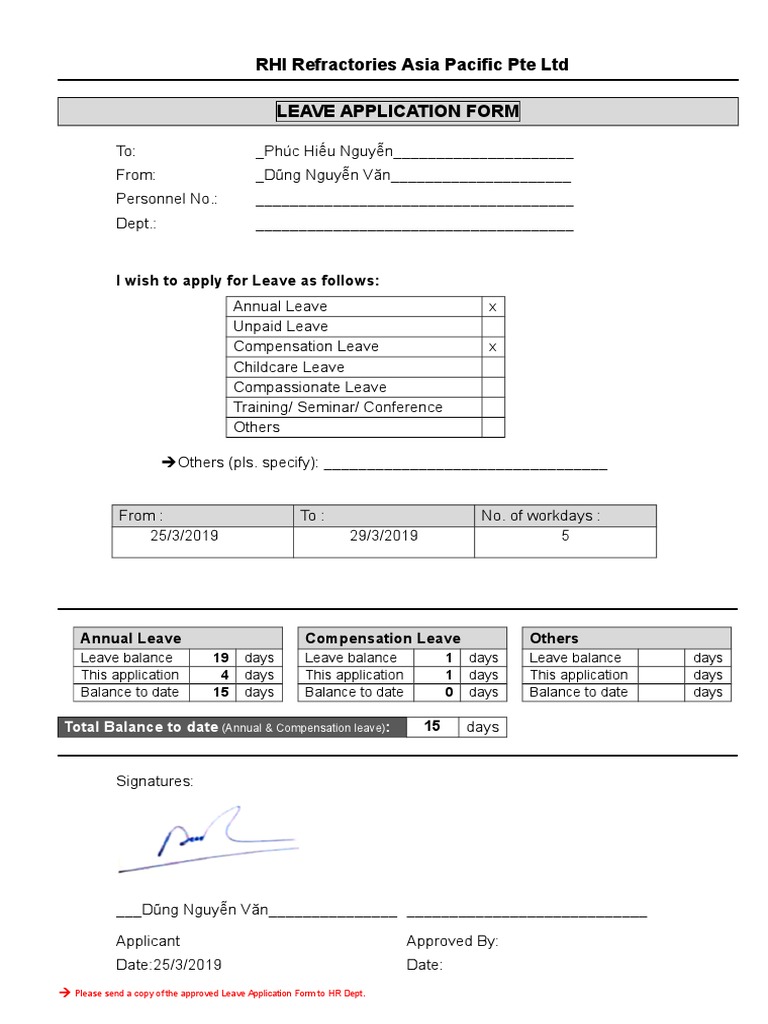 RHI Refractories Asia Pacific Pte LTD Leave Application Form | PDF