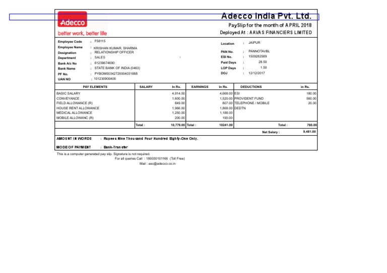 Adecco India Pvt. LTD.: Payslip For The Month of April 2018 | PDF ...