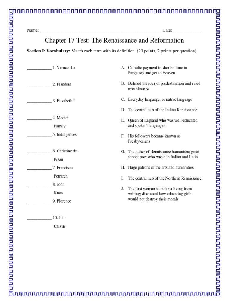 Chapter 17 Test: The Renaissance and Reformation | PDF | Renaissance ...