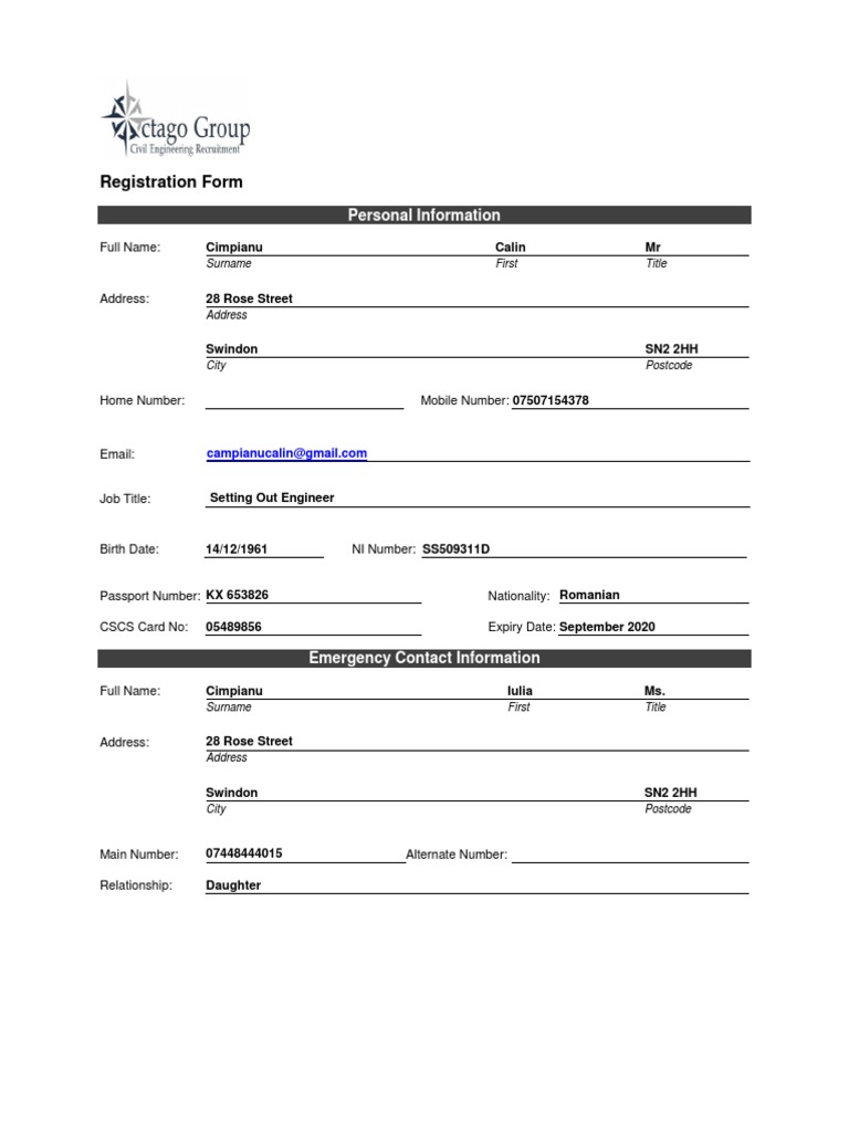 Registration Form: Personal Information | PDF | Temporary Work | Employment