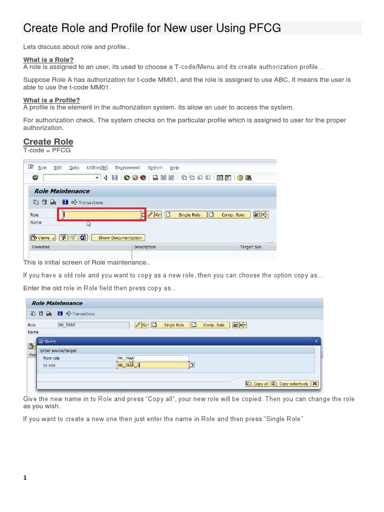 1 Create Role and Profile For New User Using PFCG | PDF | Menu ...