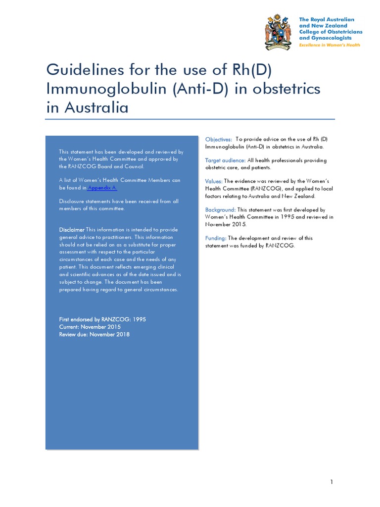 Guidelines For The Use of RH (D) Immunoglobulin (Anti D) (C Obs 6 ...