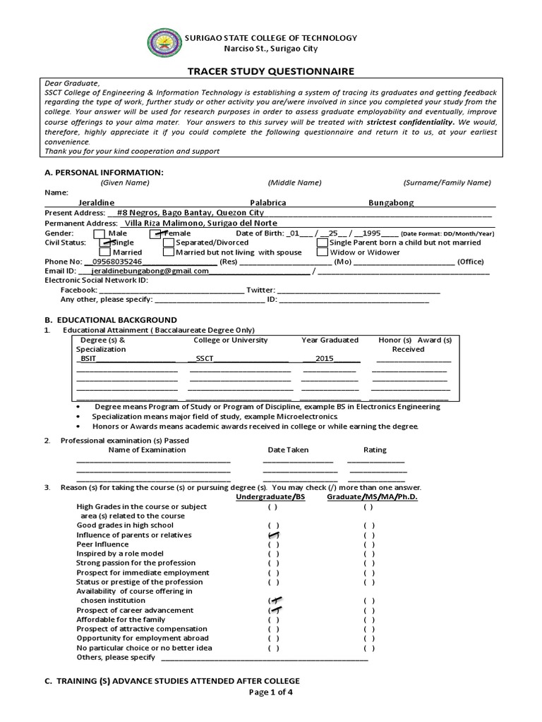 Tracer Study Questionnaire | PDF | Bachelor's Degree | Employment
