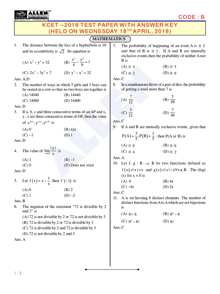 KCET 2018 Mathematics Question Paper | PDF | Function (Mathematics ...