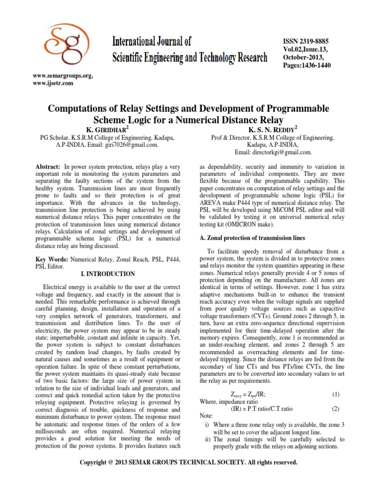 Computations of Relay Settings and Development of Programmable Scheme ...
