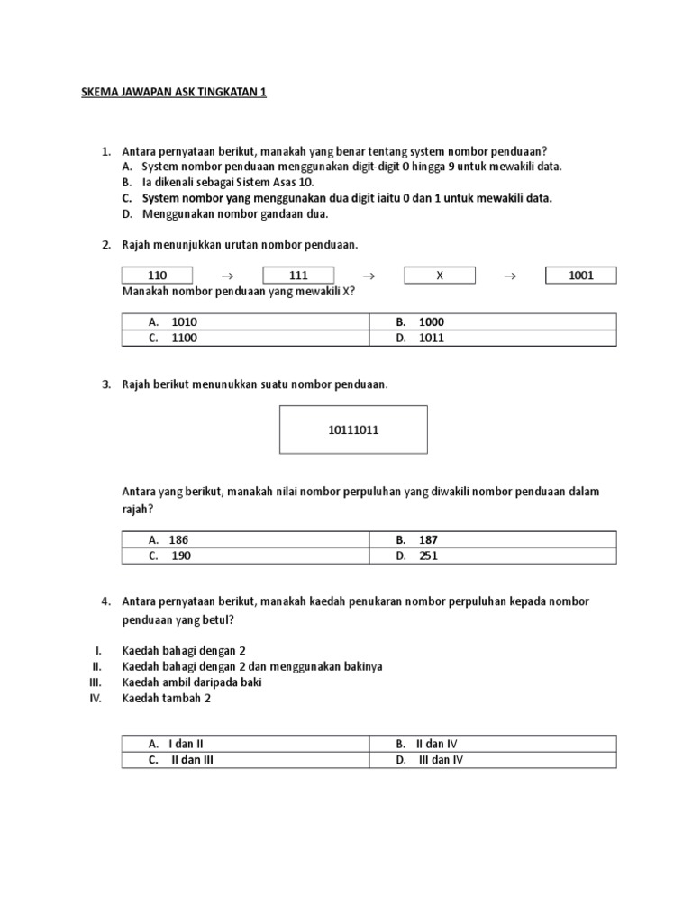 Skema Jawapan Ask Tingkatan 1 | PDF