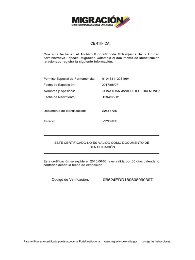 Certificado Migracion Colmbia Jonathan Heredia PEP | PDF