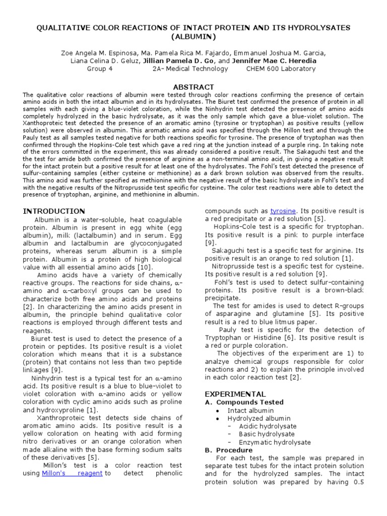 Qualitative Color Reactions of Albumin | PDF | Hydrolysis | Proteins