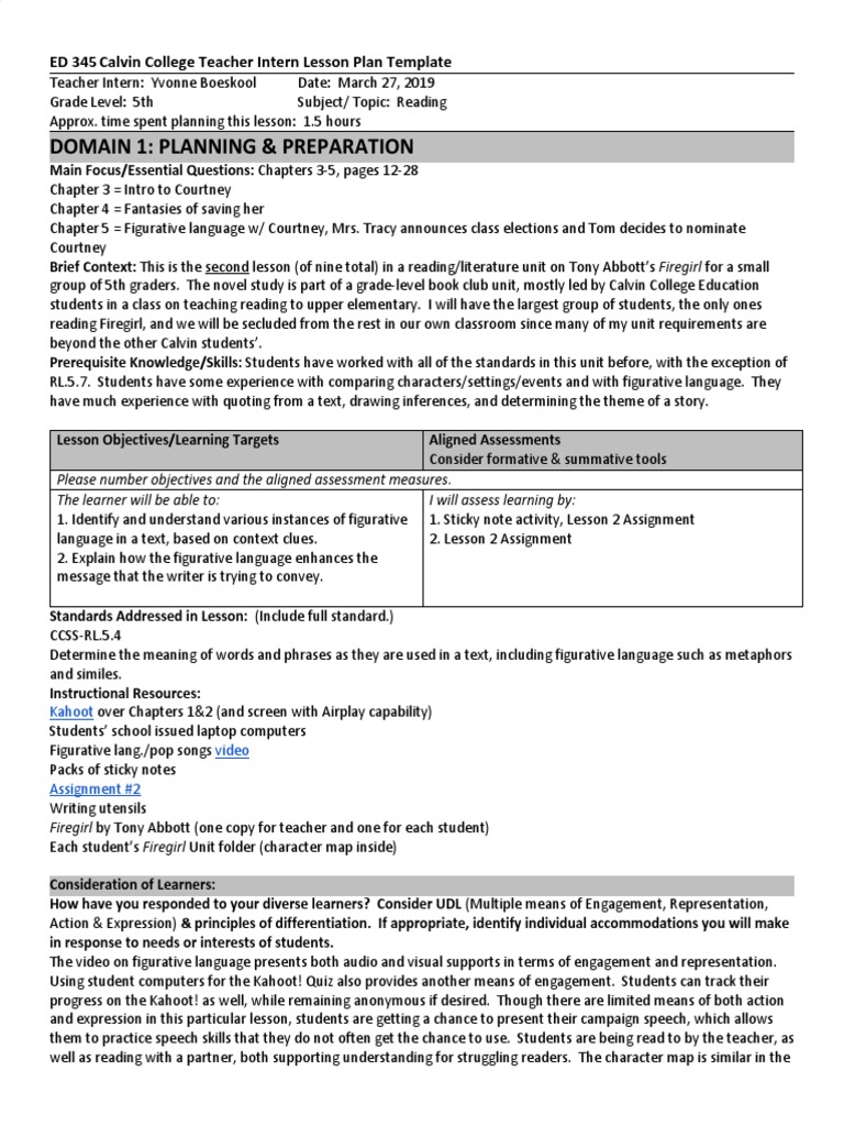 Domain 1: Planning & Preparation: ED 345 Calvin College Teacher Intern ...