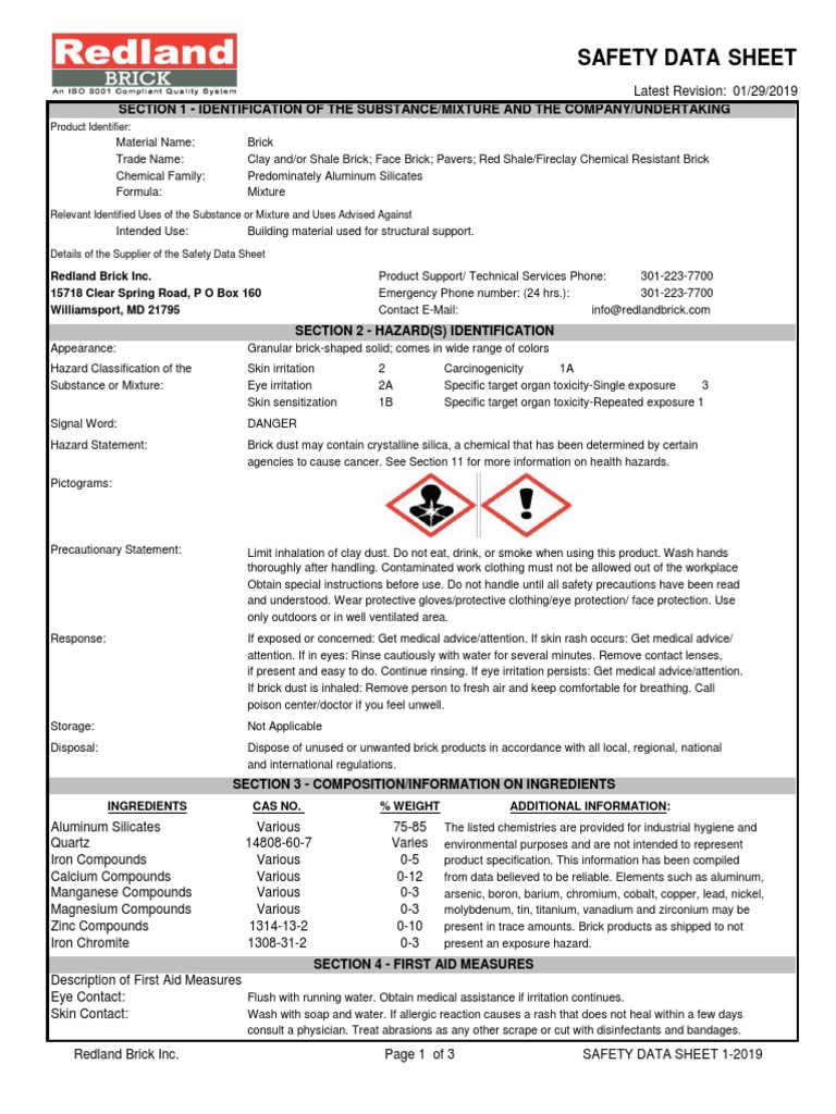 Brick Data Sheet PDF | PDF | Dangerous Goods | Personal Protective ...