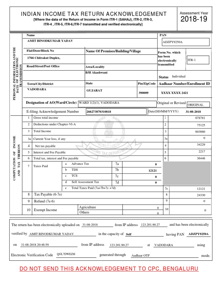 Indian Income Tax Return Acknowledgement: Name of Premises/Building ...