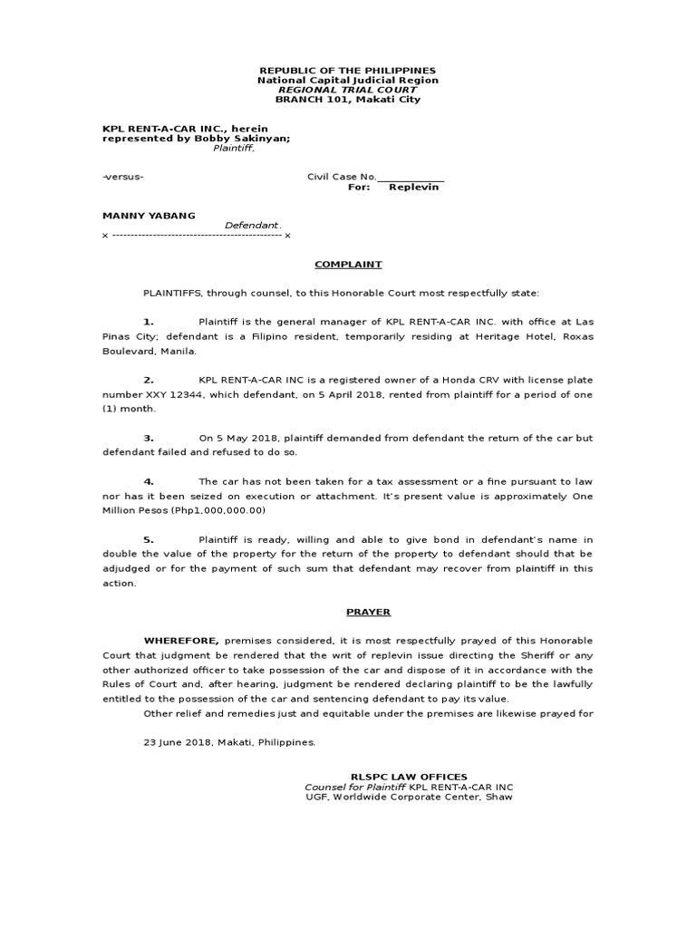 Complaint For Replevin | PDF | Civil Law (Common Law) | Government ...