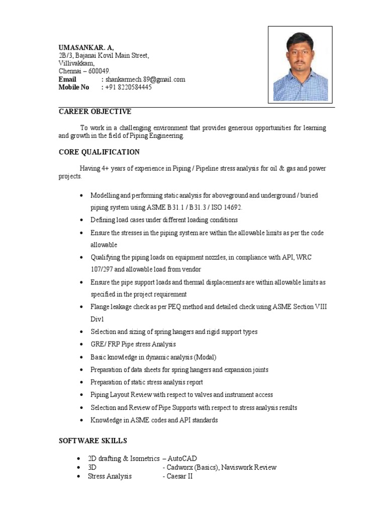 Umasankar - Pipe Stress Engineer | PDF | Pipe (Fluid Conveyance ...