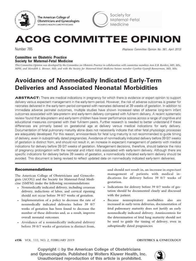 Acog Committee Opinion: Avoidance of Nonmedically Indicated Early-Term ...