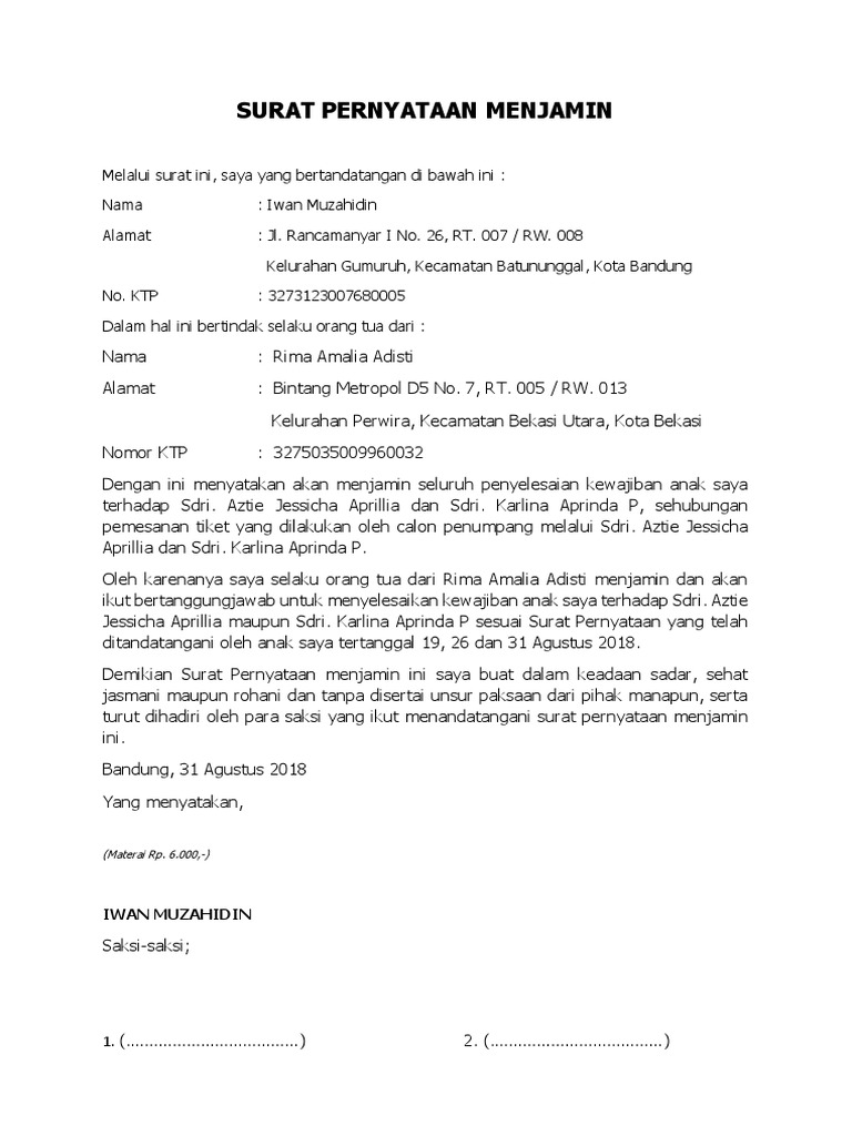 Contoh Surat Jaminan | PDF