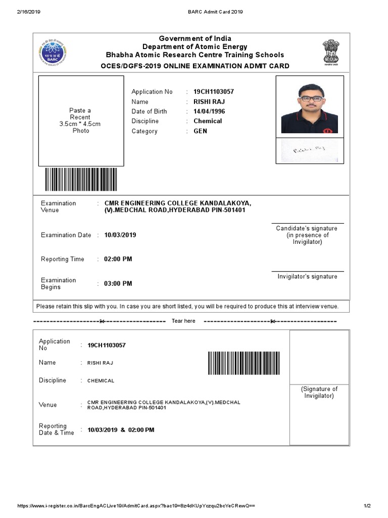 Admit Card for the BARC OCES/DGFS-2019 Online Examination | PDF ...