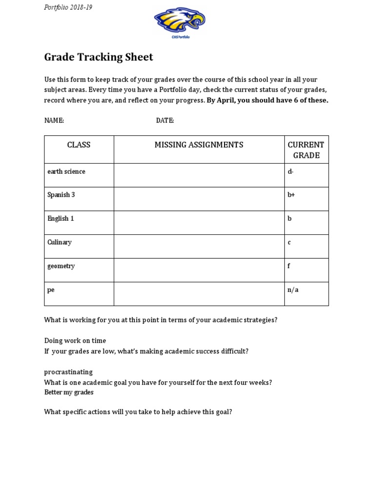 Grade Tracking Sheet: Class Missing Assignments Current Grade | PDF