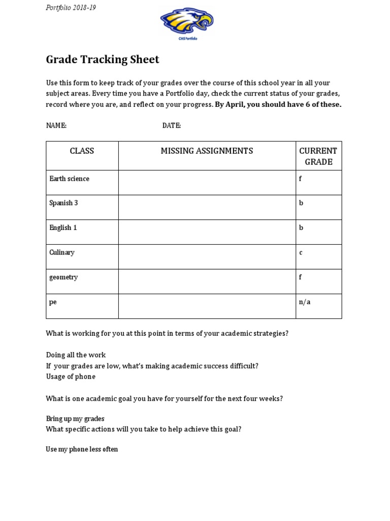 Grade Tracking Sheet: Class Missing Assignments Current Grade | PDF