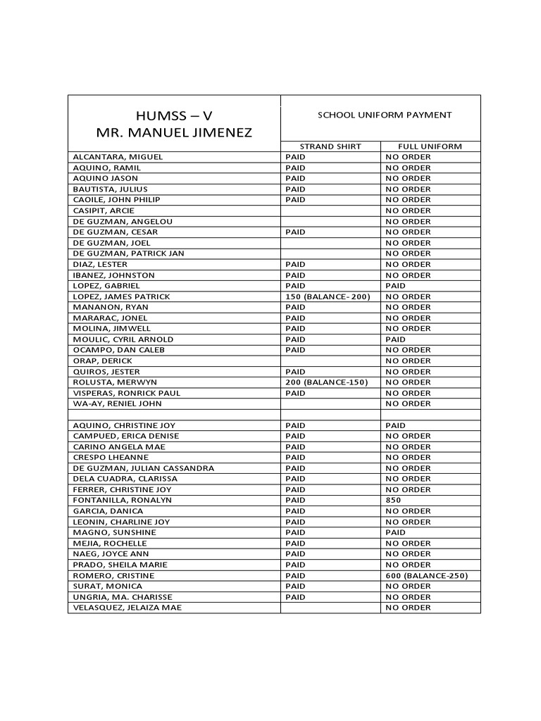 Humss - V Mr. Manuel Jimenez: School Uniform Payment | PDF