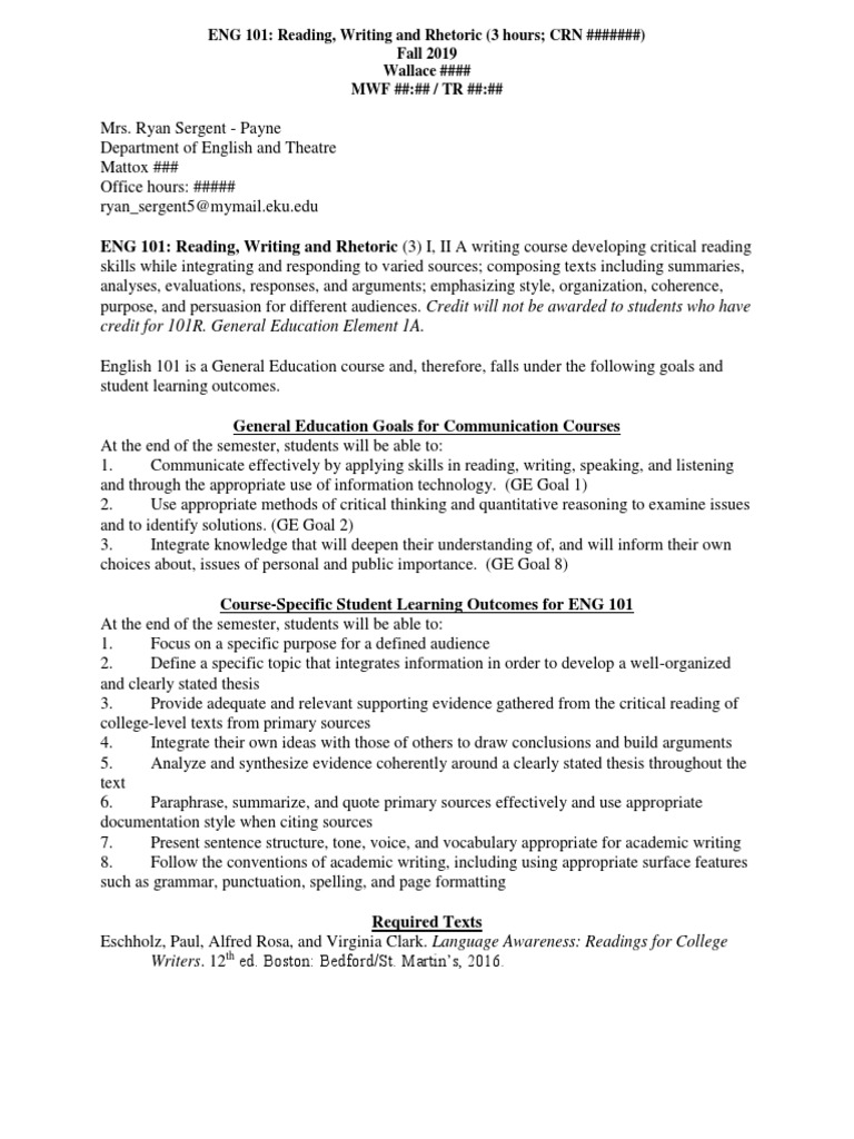 ENG 101 Syllabus | PDF | Accessibility | Essays